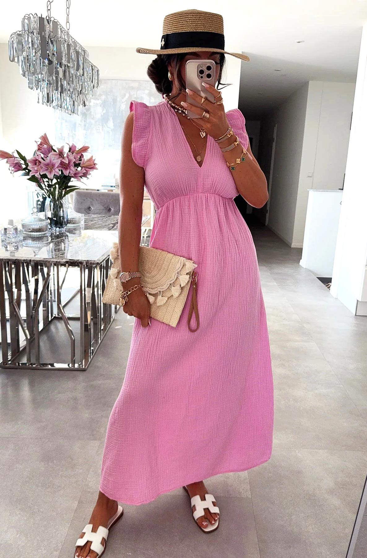 Janis Ruffle Frill Sleeve Cotton Gauze Style Maxi Dress-Pink