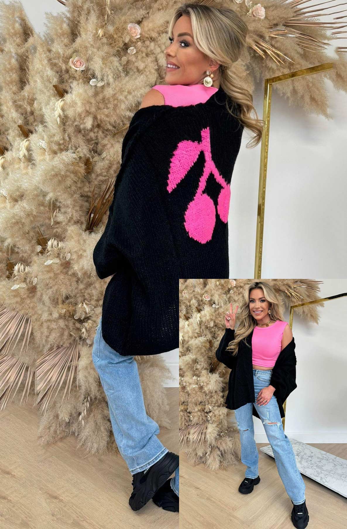 Lara 'Cherry' Printed Longline Knitted Cardigan-Blac